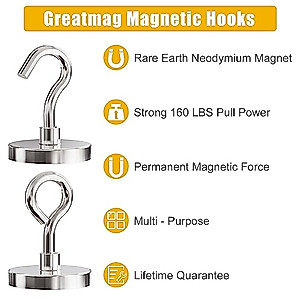 GREATMAG Magnetic Hooks, 160 lbs Heavy Duty Magnet Hooks with Extra 6 Eyebolt Hooks, Neodymium Magnet Hook for Hanging, Cruise Cabins, Kitchen, Pack of 6