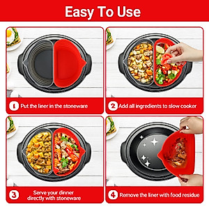 2 Set Silicone Slow Cooker Liners，SelfTek Reusable Liner Fits Crock-Pot &Hamilton Beach 7-8 Qt Oval，Foldable，Leakproof Dishwasher Safe Cooking Insert Includes Spoons - Red & Black