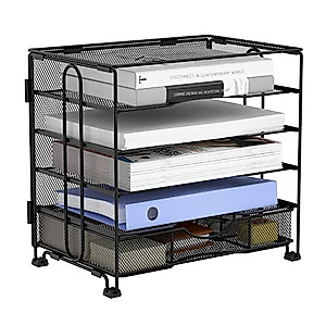 KEEGH Desk Paper Organizer File Tray, 5 Tier Desktop File Organizer Paper Storage Holder with Extra Drawer, Office Desk Organizers and Accessories for Letter/A4 | Screws Free Design