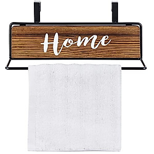 MyGift Rustic Burnt Solid Wood and Black Metal Over The Cabinet Door Dish Hand Towel Rack, Kitchen Drying Towel Bar with Decorative Cursive Home Writing