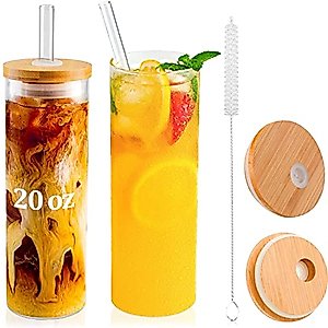 Glass Cups with Lids and Straws, 20 OZ Drinking Glasses with Bamboo Lids, Can Shaped Glass Cups, Reusable Clear Iced Coffee Cups for Smoothie, Juice, Milk, Whiskey, Soda, Tea, Water- 2 Pack