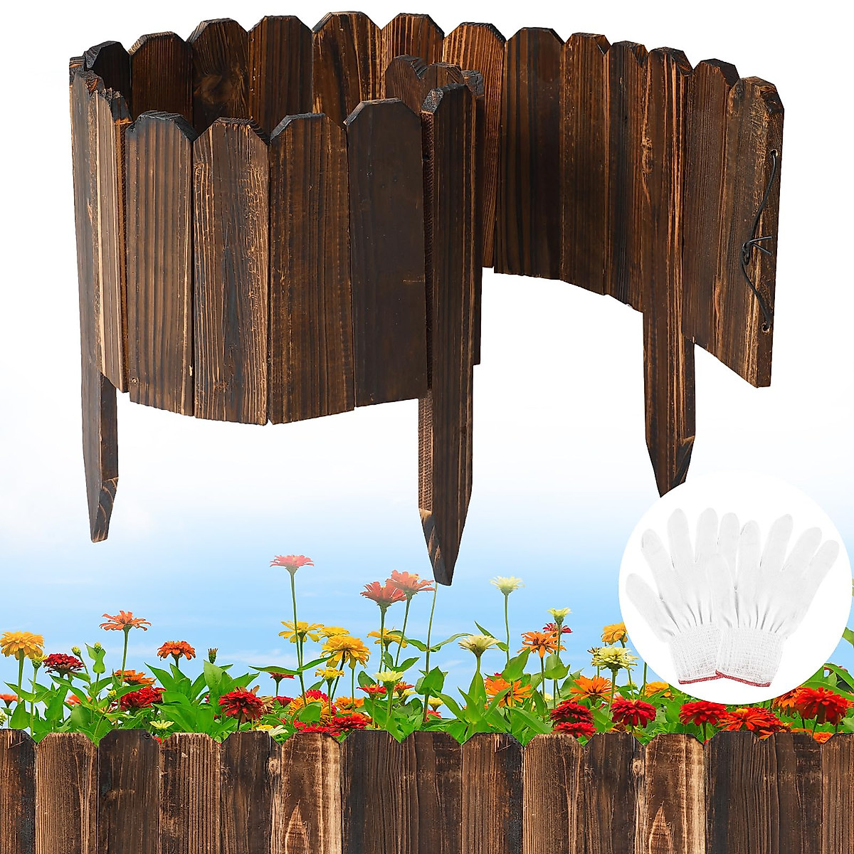 Wood Garden Edging Border Fence with White Gloves Wooden Fence Landscape Wood Border Edging for Garden Yard Pathway Outdoor Patio Decoration 8 x 47 Inches