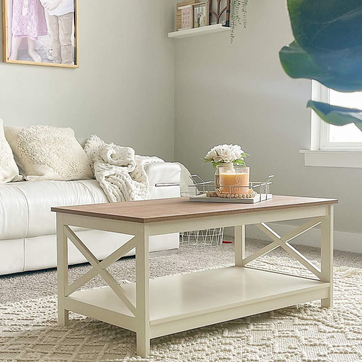 PHI VILLA Coffee Table - Modern Coffee Tables with Storage for Living Room Shelf 2 Tiers, Farmhouse Coffee Table Set