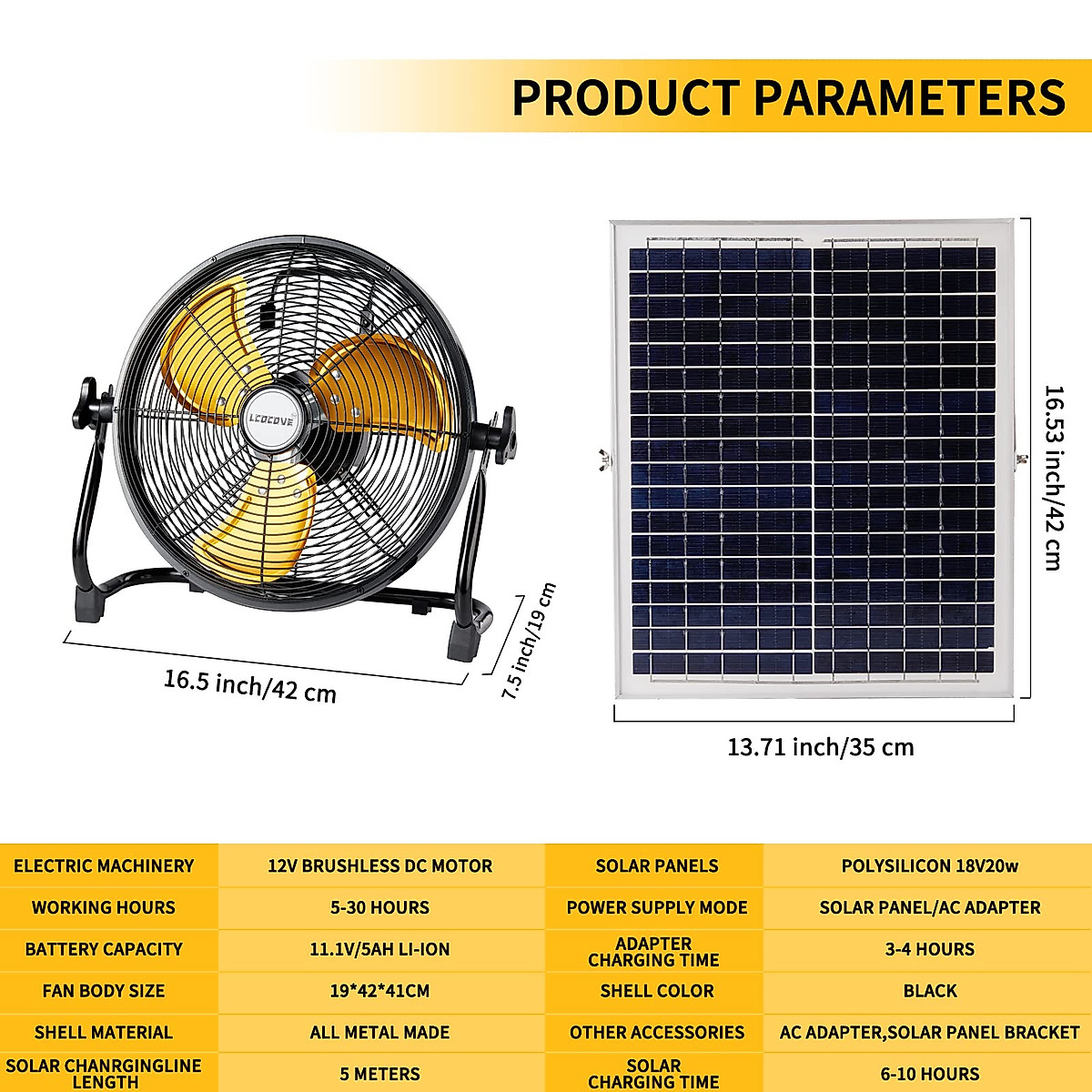 lcocove Battery Operated Solar Fan, Home or Outdoor Portable Fan, Battery Can Running 5-24 Hours, Design For Camping，Hurricane Fan,with USB Output For Emergency Situation Without Electric(black)