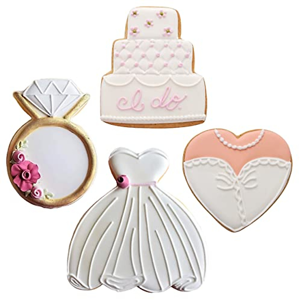 Wedding Cookie Cutters 4-Pc. Set Made in USA by Ann Clark, Wedding Dress, Wedding Cake, Diamond Ring, Heart