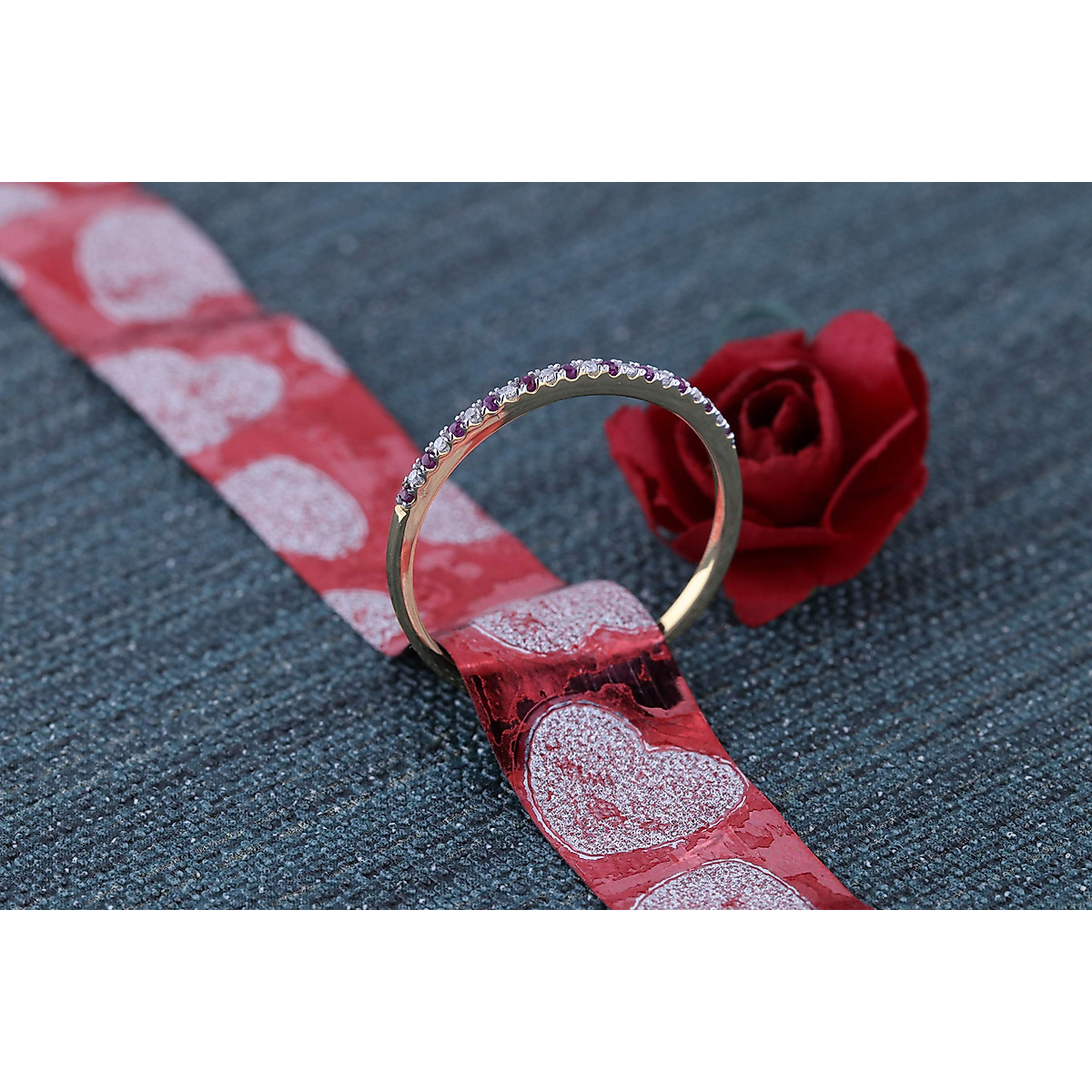 Dazzlingrock Collection Round Ruby & White Diamond Ladies Dainty Anniversary Stackable Band in 14K Yellow Gold, Size 9