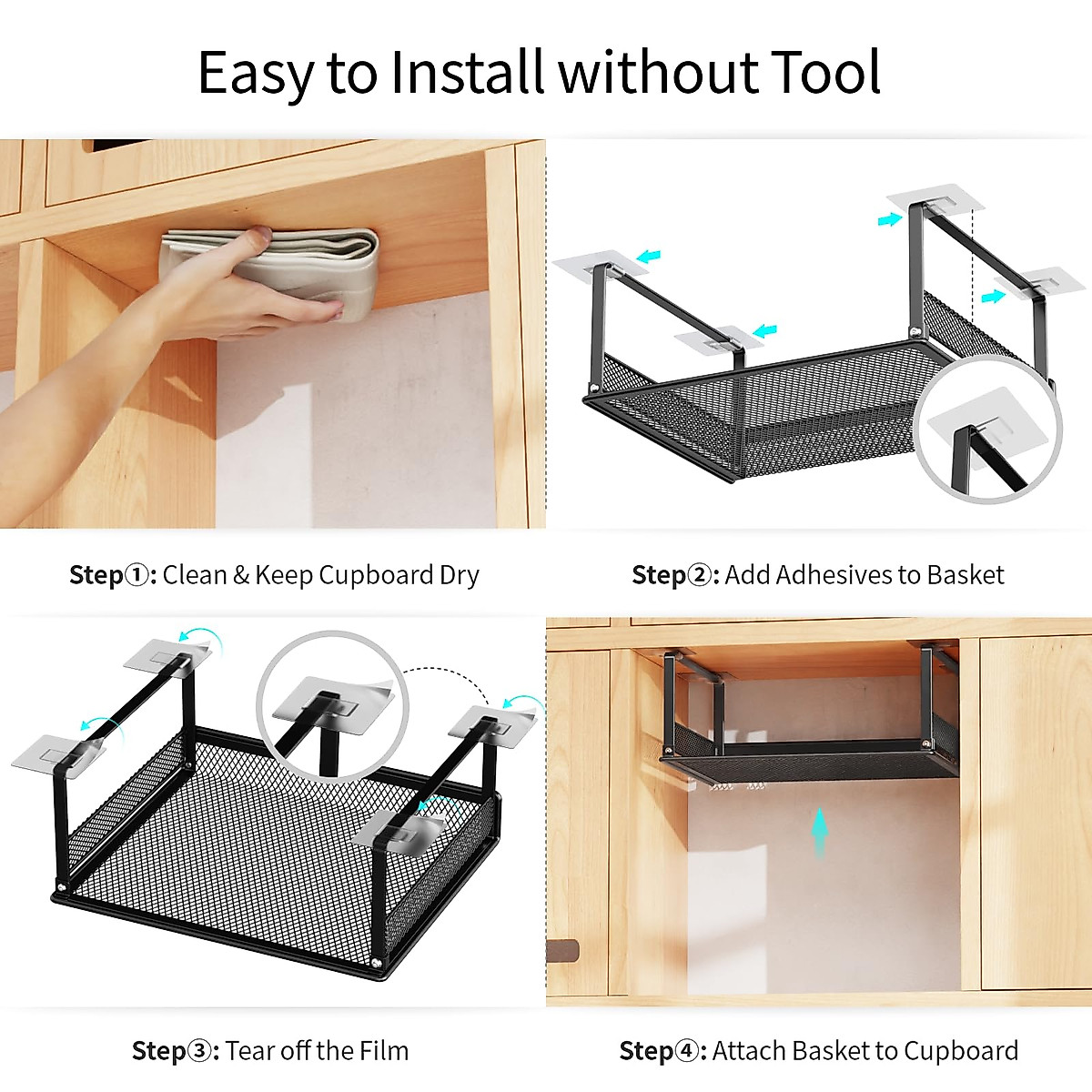 iSPECLE 4 Pack Cabinet Baskets - 2 Pack Under Shelf Baskets and 2 Pack Wire Baskets Add Storage Space, Easily Install with Adhesive for 15" and 30" Upper Cabinet, Wire Storage Basket Easy to Get Items
