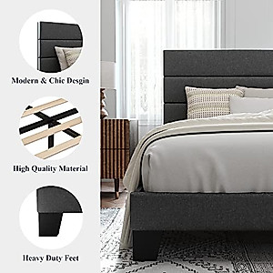 Allewie Queen Size Platform Bed Frame with Fabric Upholstered Headboard and Wooden Slats Support, Fully Upholstered Mattress Foundation/No Box Spring Needed/Easy Assembly, Dark Grey