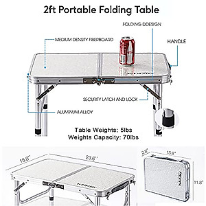 YUFIFAIRY Small Folding Table Portable, 24''L x16''W Foldable Camp Table with 3 Adjustable Height, Indoor Outdoor Lightweight Aluminum Table for Outdoor Cooking Picnic, (3 Heights)