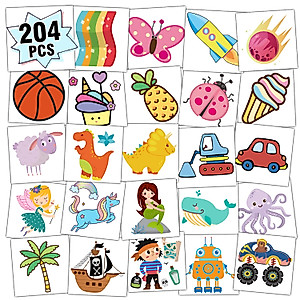 Partywind Temporary Tattoos for Kids, 204 Individually Wrapped Sheets Kids Tattoos Stickers, Kids Birthday Party Supplies, Gifts for Goodie Bag Fillers, Toys for Boys and Girls