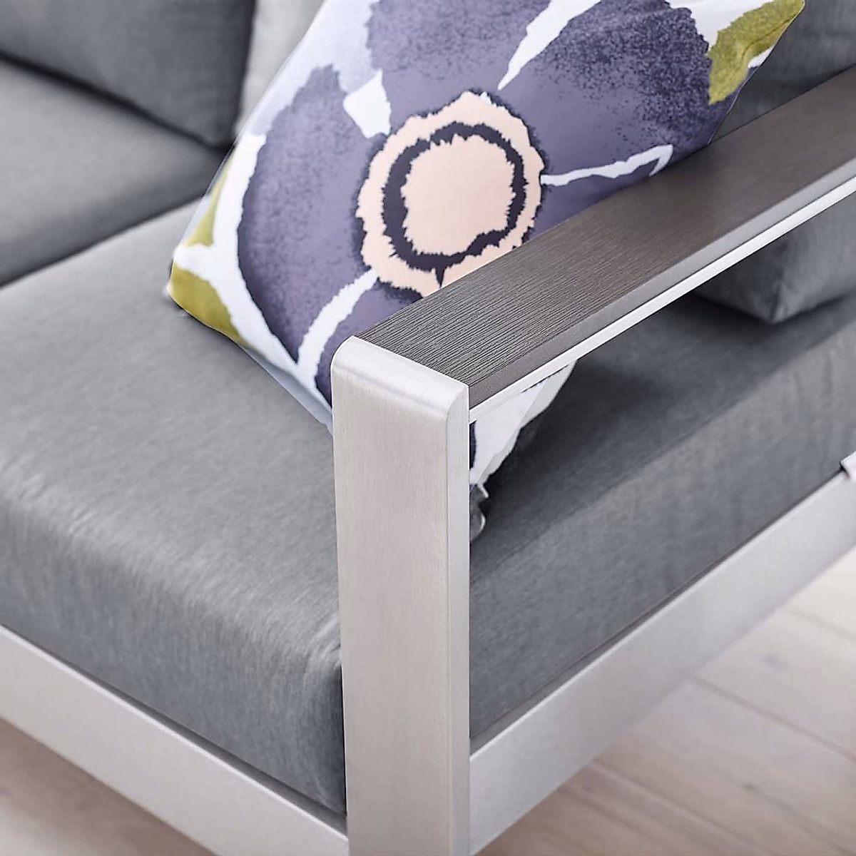 Modway Shore Aluminum Metal Outdoor Patio Sofa With Silver Gray All-Weather Cushions