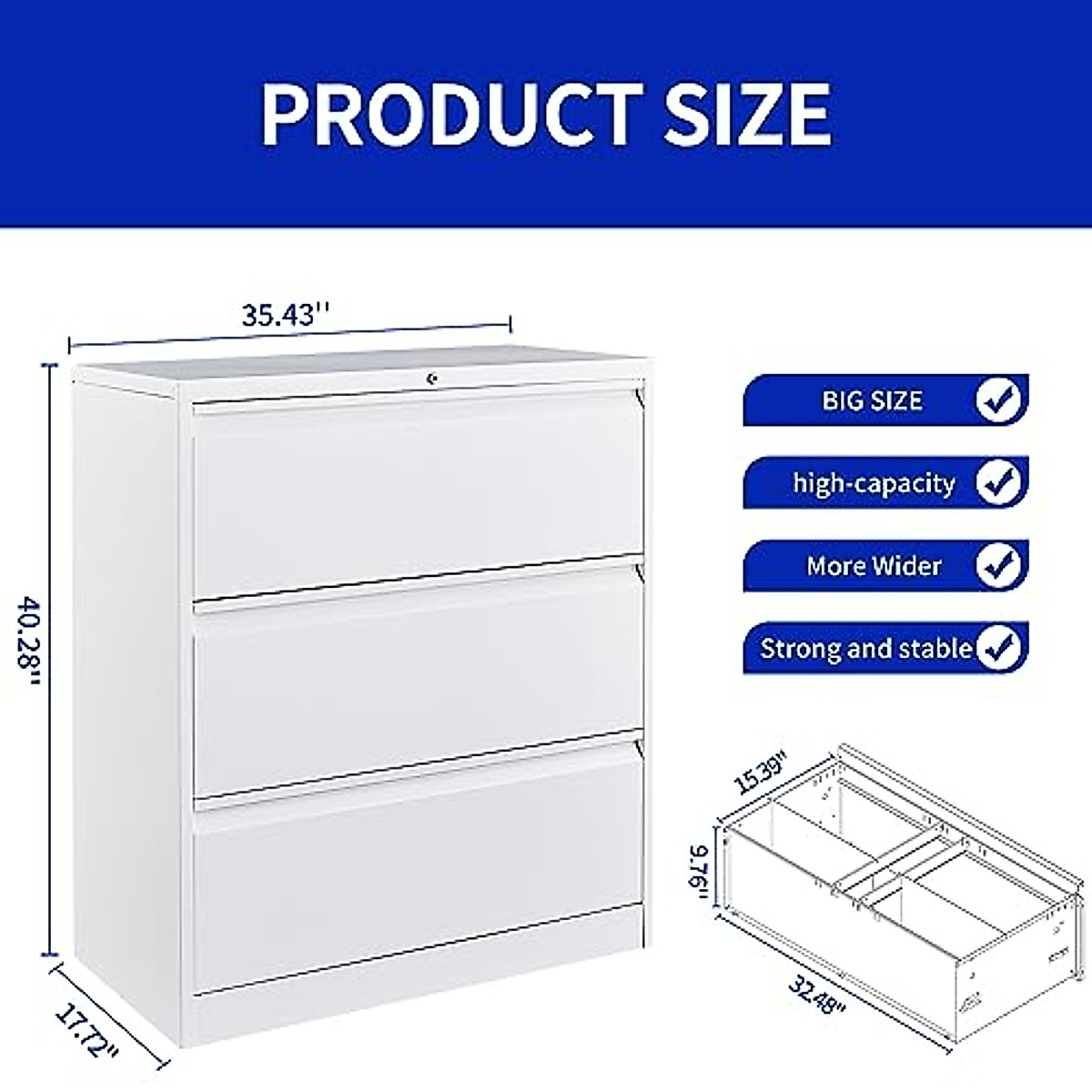 LVSTEEL Lateral File Cabinet with Lock,3 Drawer Stainless Metal Lateral Filing Cabinets, Home Office Storage Cabinets for Organization, Hanging Letter/Legal/A4,Anti-tilt Structure, White