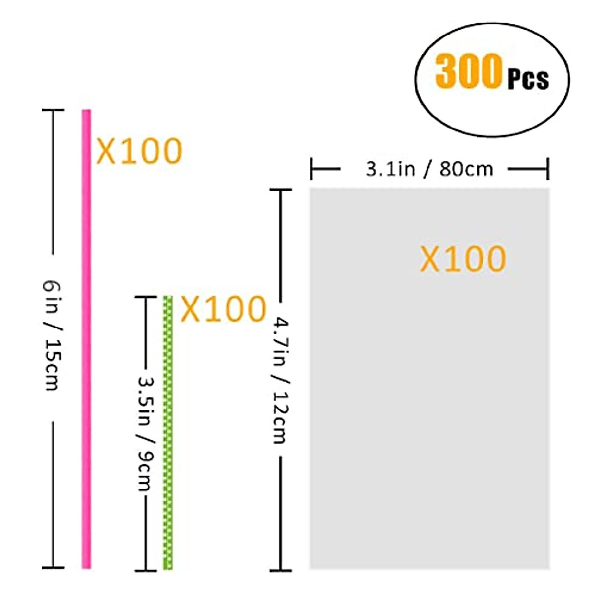 6 Inch Cake Pop Sticks Set Pack of 300, Each of 100 Pieces Parcel Bags, Colorful Treat Sticks, Colorful Metallic Wire for Lollipops Candies Chocolates and Cookies