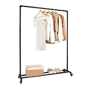 OLDRAINBOW Industrial Pipe Clothing Rack,63in Dress Rack Clothes Rack,Vintage Clothing Racks on Wheels,Retail Rack Mobile Coat Rack Metal Garment Rack(Black)