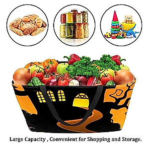 KQNZT Reusable Grocery Bags, Large Foldable Reusable Shopping Tote Bags Bulk for Groceries, Waterproof Kitchen Cloth Produce Bags with Long Handles, Halloween Bat Pumpkin Night