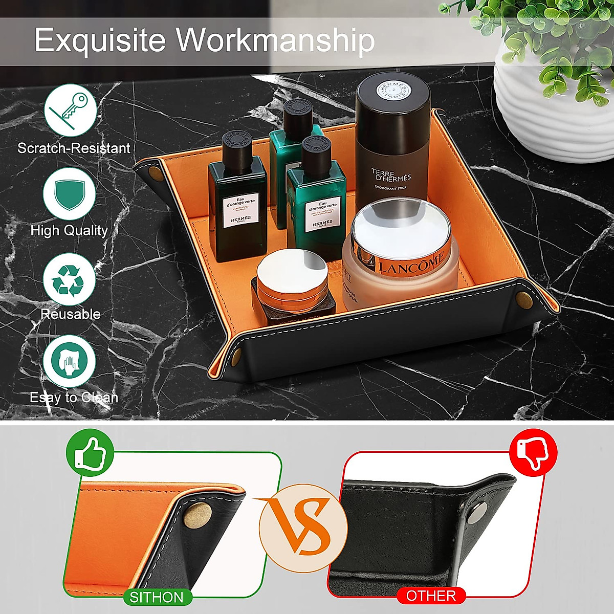 SITHON Valet Tray Desktop Storage Organizer – Premium PU Leather Catchall Bedside Vanity Tray Nightstand Caddy Holder for Remote Controller, Keys, Phone, Wallet, Coin, Jewelry (Orange)