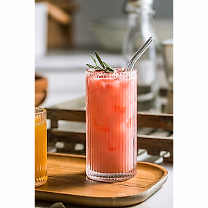 POLIDREAM Drinking Glasses with Origami Style Set of 4 Glass Cups, 12 oz Ribbed Glassware, Highball Glass Cups, Elegant Art Deco Ripple Vintage Glassware, Juice Glasses, Ideal for Cocktail, Beer