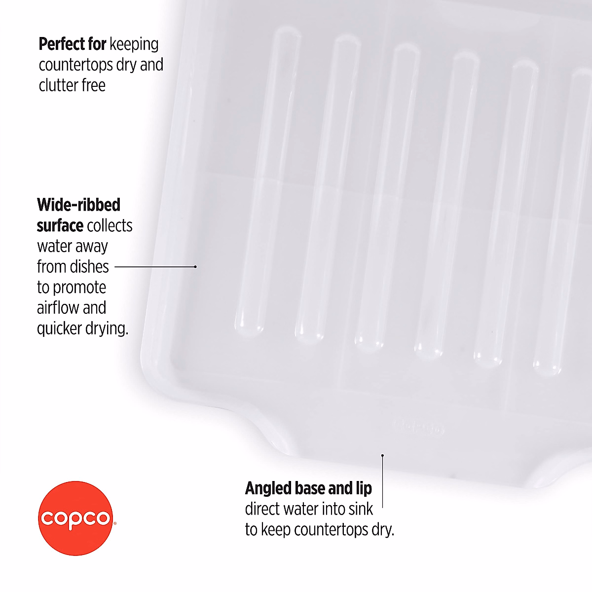 Copco Small Clear Drain Board Fits Under Any Small Dish Rack to Catch Water or for Larger Pots Alone, Angled Base Allows for Self Draining with Raised Ribs to Prevent Water from Puddling
