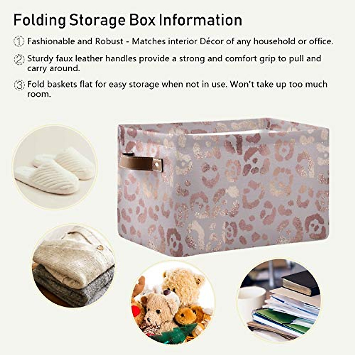 Mazeann Rose Gold Leopard Print Storage Basket Bin Collapsible Foldable for Clothes Toys Storage Cabinets Waterproof Storage Box 15 x 11 x 9.5 inches, 2PCS