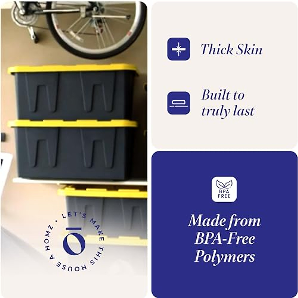 HOMZ Durabilt 15-Gallon Storage Tote with Flip Lid, Heavy-Duty Storage Bin with Snap-on Lid, Black and Yellow, 2 Pack