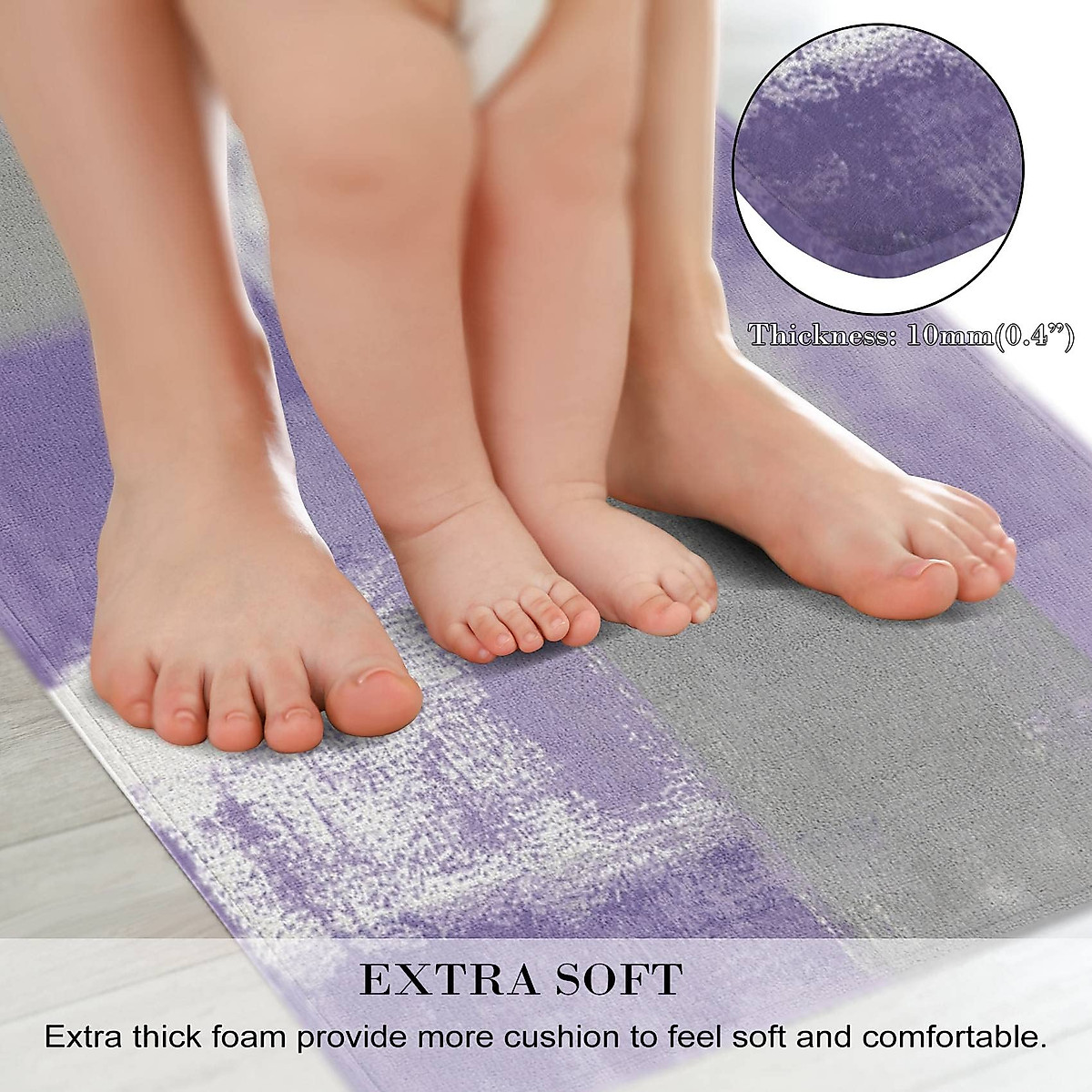 RYANZA 2 Pieces Kitchen Rugs, Abstract Anti Fatigue Non Slip Foam Cushioned Purple and Grey Art Painting Comfort Indoor Floor Mat Runner Rug Set for Laundry Office Sink Bathroom (17"x48"+17"x24")
