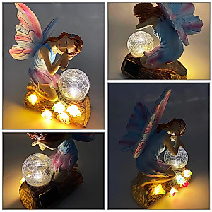 PERFECTOP Solar Angel Garden Statue Outdoor Decor, Resin Fairy Angel Elf Girl Figurine with Solar Lights, Garden Art for Patio Lawn Yard Porch Wedding Home Decoration, Valentine's Day Women Gifts