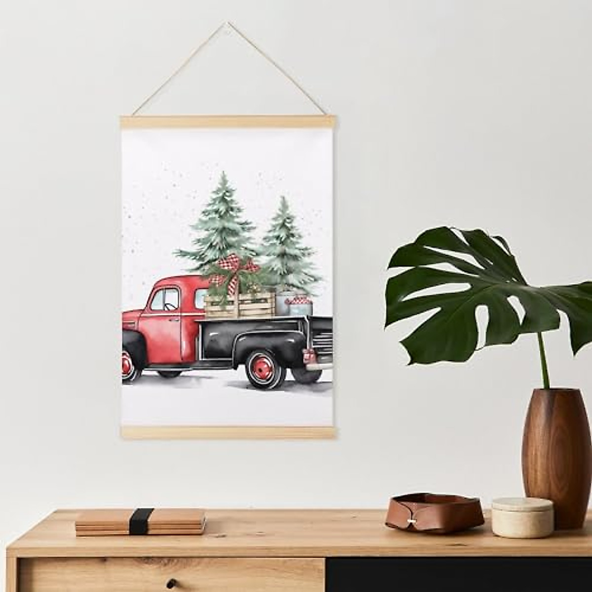 Magnetic Poster Hanger Frame, Red Truck Light Wooden Magnet Frame Hanger for Posters, Prints, Photos, Pictures, Maps, Scrolls, And Canvas Artwork, Christmas Decoration Wall Hanging Kit