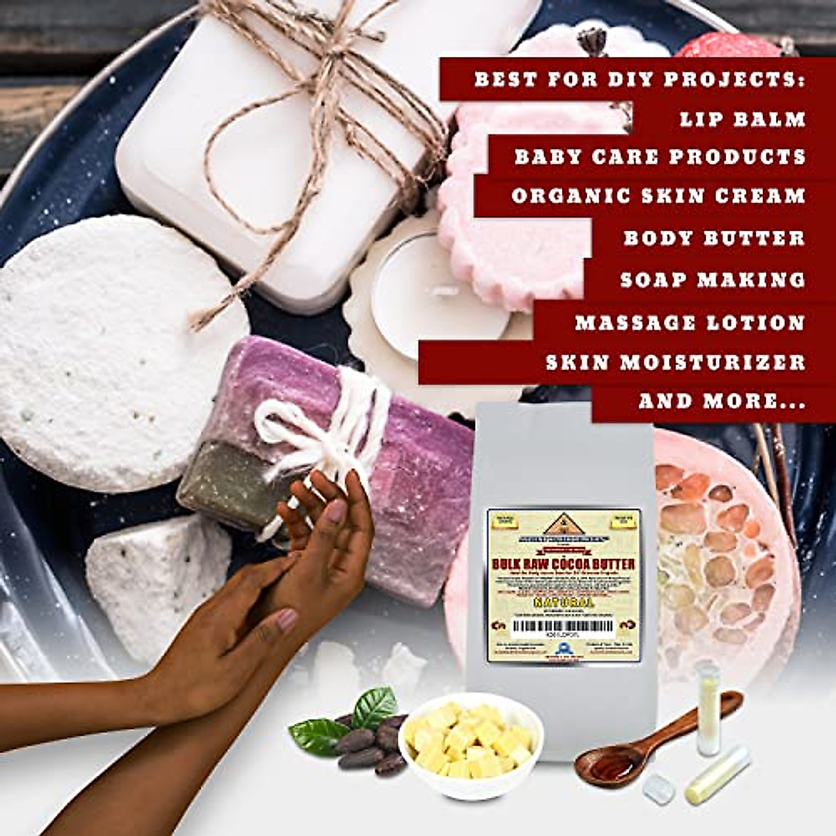 ANCIENT HEALTH REMEDIES Organic Unrefined Raw NATURAL COCOA (CACAO) BUTTER BLOCKS Bulk Size Rich Chocolate Aroma For Lip Balms Stretch Marks DIY Base for Body Butter (2Lb)