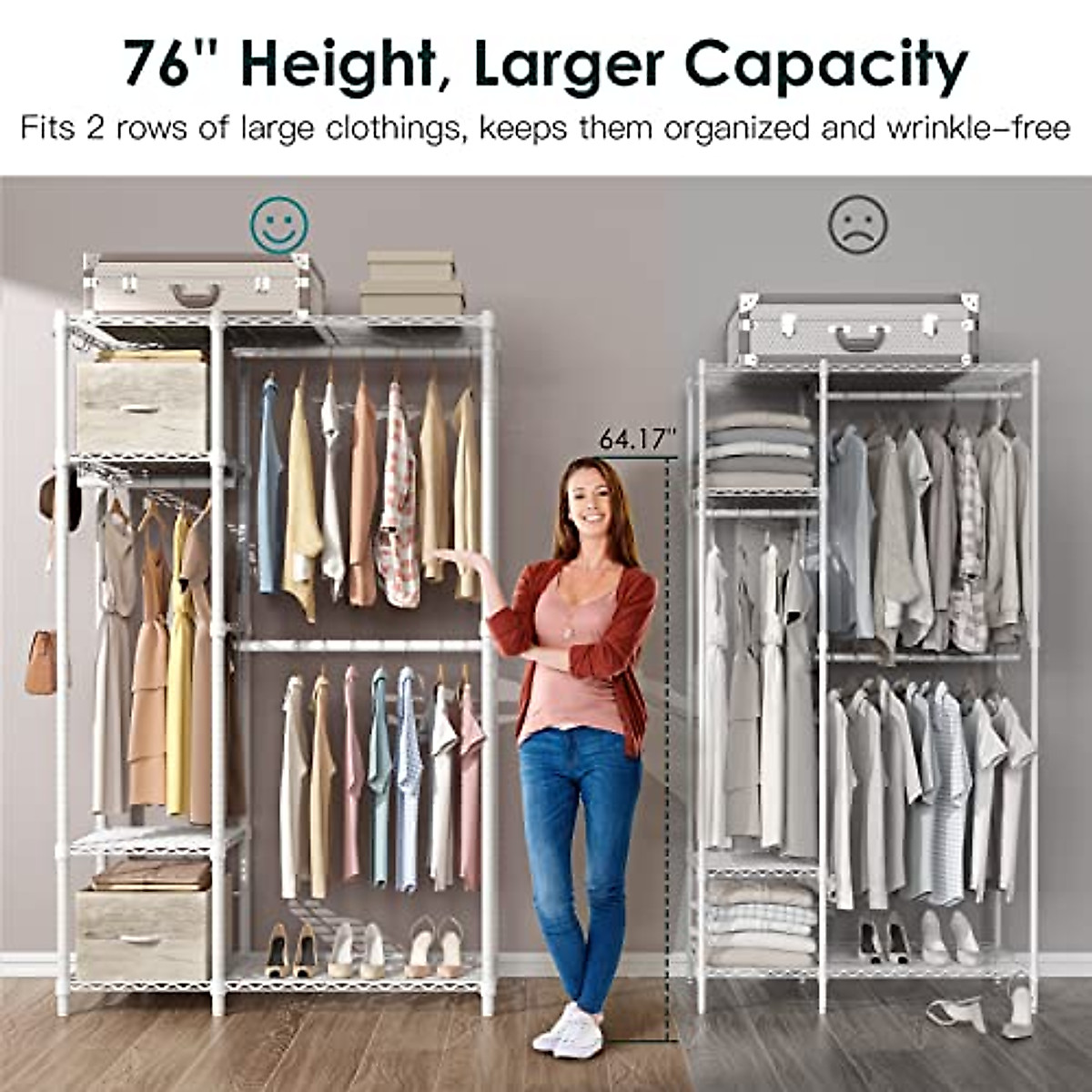 Memobarco Clothes-Rack, Metal Clothing-Rack, Heavy Duty Rolling Garment Rack with 4 Tiers Wire Shelving, 3 Hanging Rods & 2 Storage Drawers, Freestanding Portable Closet Wardrobe, White