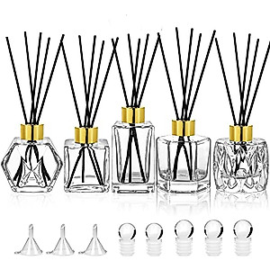 Diffuser Glass Bottles Set of 5 DIY Empty Clear Glass Fragrance Bottle with Gold Caps Reeds Sticks Vase Decorative Diffusers for Home Office Desk Decoration Wedding Replacement Girl Women