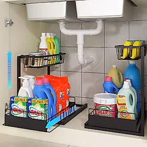 NADAMOO Kitchen Organizers and Storage 2 Pack Adjustable Height Under Sink Organizers and Storage with Removable Basket 2 Tier Bathroom Cabinet Organizer Pull Out Laundry Room Organization for Pantry
