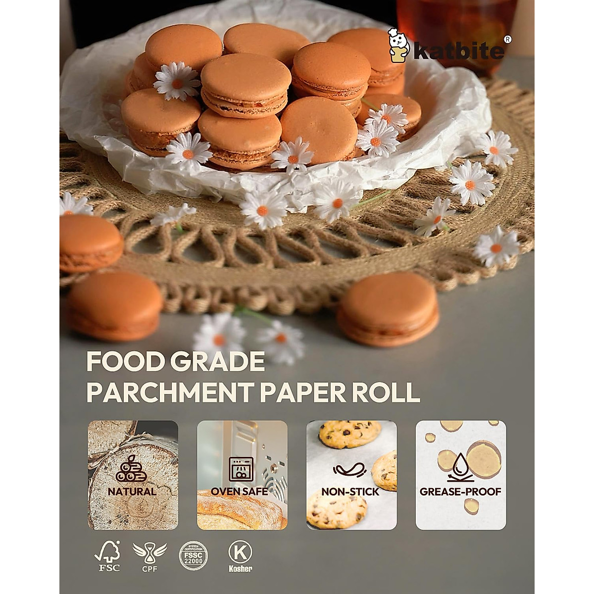 Katbite 15in x 242ft, 300 Sq.Ft Value Pack Parchment Paper Roll for Baking, Parchment Baking Paper with Serrated Cutter, Heavy Duty & Value Pack Parchment Roll for Cooking, Air Fryer, Steaming, Bread