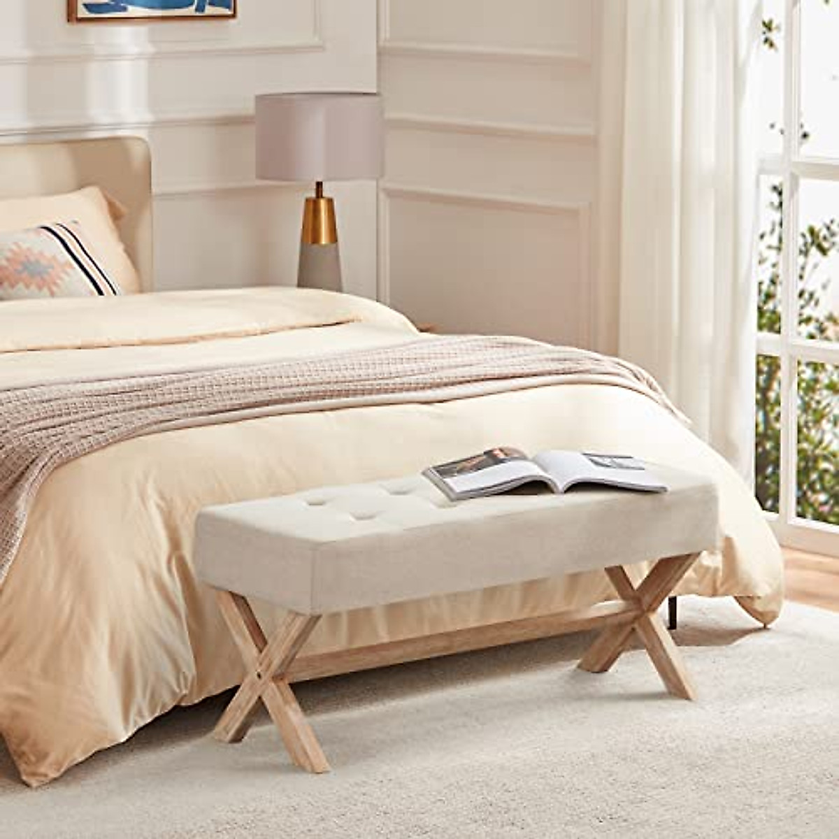 HUIMO 35-inch Entryway Bench, Upholstered End of Bed Bench for Living Room, Bedroom. Dinning Bench Seat with X-Shaped Legs for Kitchen, Solid Wood Indoor Bench for Foyer, Hallway (Beige)