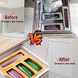 AYOYA Ziplock Bag Storage Organizer, Bamboo Food Bags Container for Kitchen Drawer,Openable Top Lids Bamboo Organizer,Compatible with Gallon, Quart, Sandwich and Snack Variety Size Bag (1 Box 4 Slots)