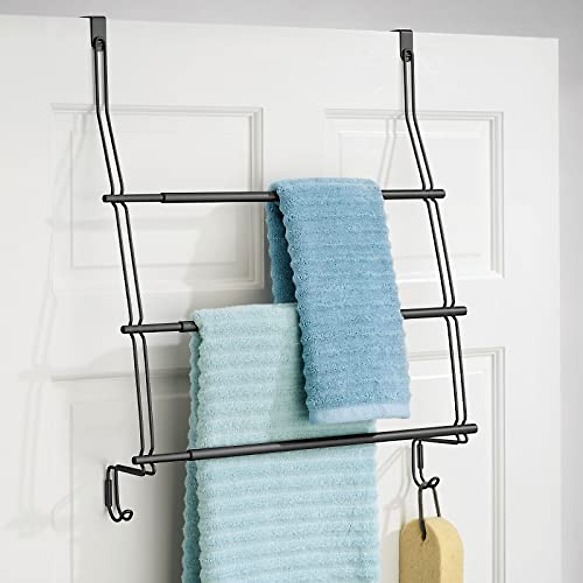 mDesign Expandable Metal Over Shower Door Towel Rack for Bathroom - 3-Tier Organizer with 2 Large Hooks - Holder for Hand/Bath Towels, Washcloths, Loofahs, Sponges - Trinity Collection - Matte Black