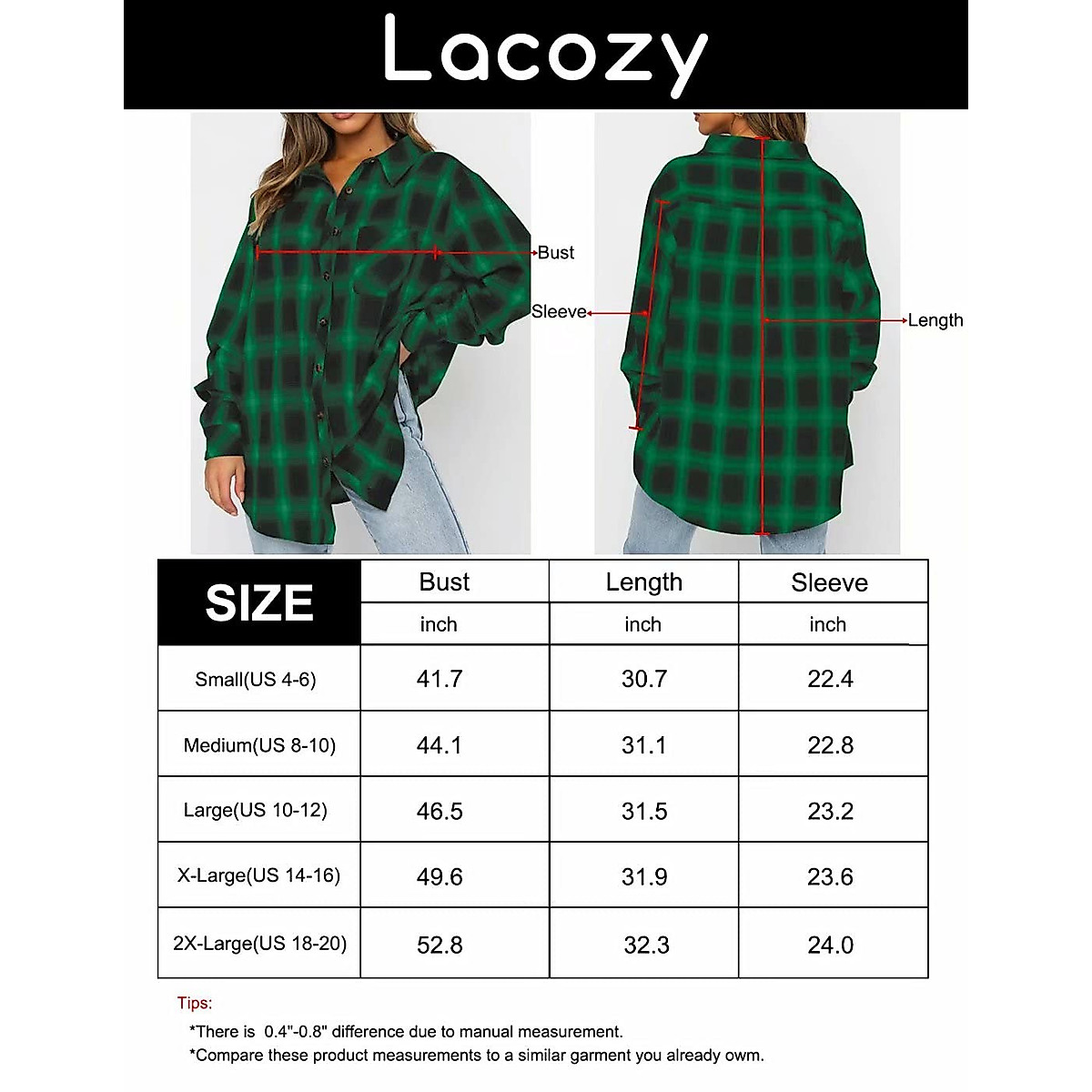 Lacozy Women’s Long Sleeve Buffalo Plaid Flannel Shirt Basic Button Down High Low Hem Tops Black Medium