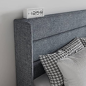 SHA CERLIN Full Size Lift Up Storage Bed/Modern Wingback Headboard/Upholstered Platform Bed Frame/Hydraulic Storage/No Box Spring Needed/Wood Slats Support/Grey Blue
