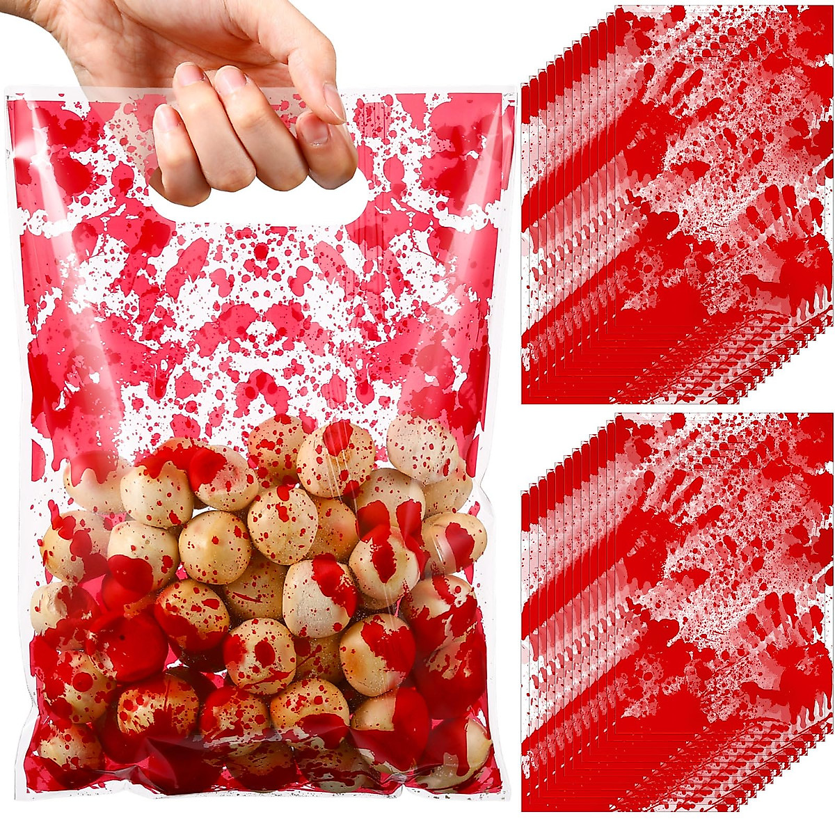 Pajean 100 Pcs Halloween Goody Bags,Scary Halloween Candy Bags Bloody Cellophane Bag Halloween Treat Bags Handprint Gift Bags for Horror Zombie Splatter Trick or Treat Party Favors,9.8x6.7 Inch