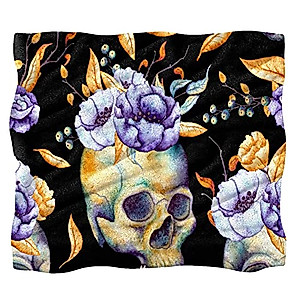 VBFOFBV Bedding Fleece Blanket Comfort Fluffy for Boys Girls, Skull Purple Flower Retro