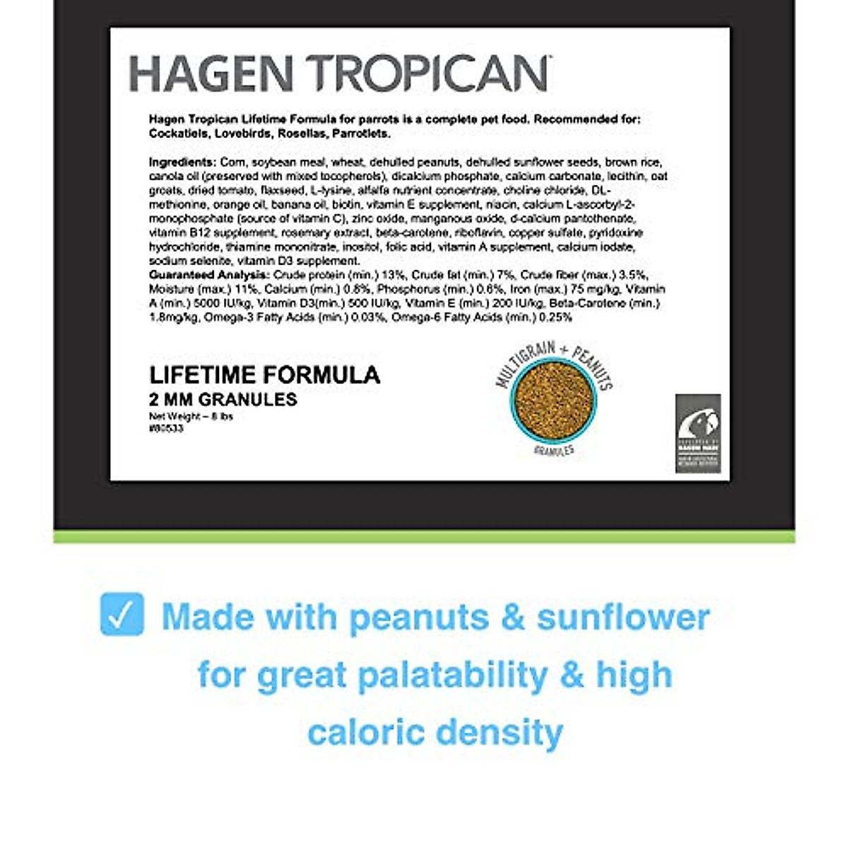 Hagen Tropican Lifetime Formula Parrot Food, 8 lb. - HARI Parrot Food with Peanuts & Sunflower Seeds and Balance Nutrition Levels