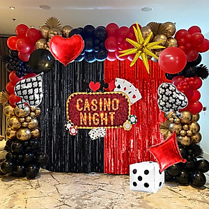 153PCS Casino Theme Party Decorations, Black Red Gold Balloon Garland Arch Kit With Starburst Dice Poker Foil Balloons, Foil Fringle Curtain Backdrops