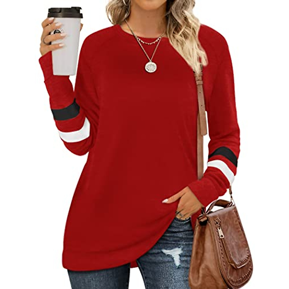 Geifa Womens Tops Casual Basic Long Sweatshirts to Wear with Leggings Red 2XL