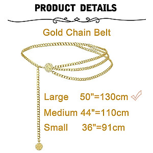 MODRSA Chain Belt Chain Gold Chain Belt for Women Plus Size Gold Waist Chain Belt Layered Womens Belts for Dress Gasparilla 0utfit Women Pirate Accessories 50" 130cm Long