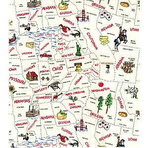Novelty Map of The United States of America Sold by The Yard Cotton Fabric