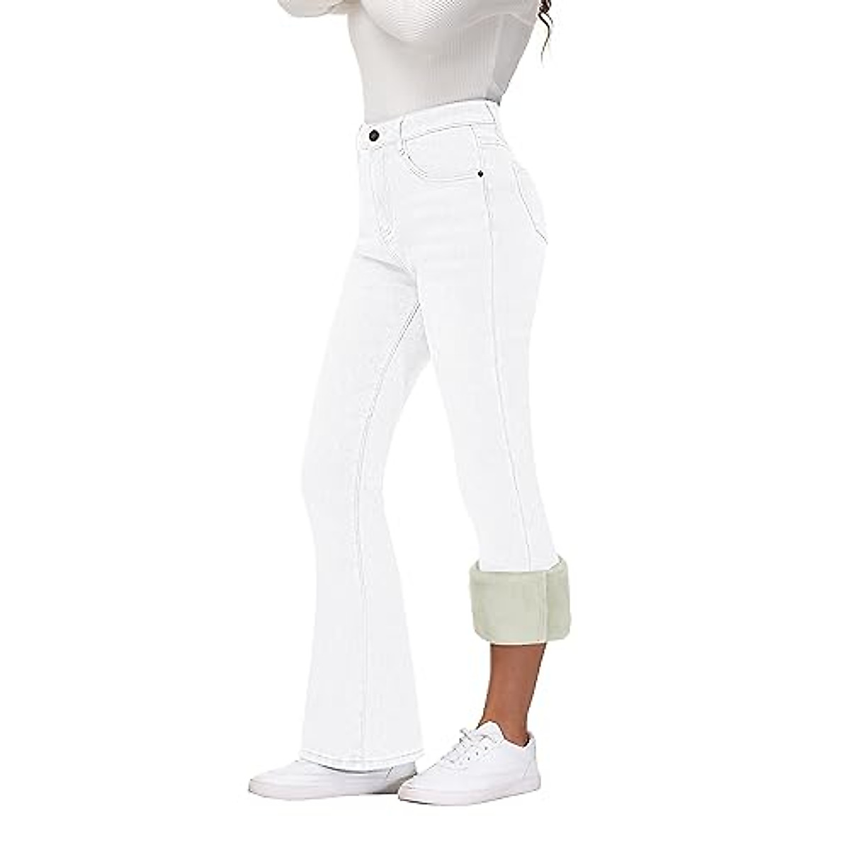 KDF Women's Flare Fleece Lined Jeans Thermal Fleece High Waisted Bell Bottom Jeans Winter Warm Fleece Pants 8,White