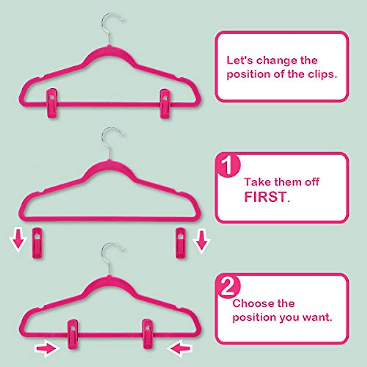 Trgowaul Hot Pink Velvet Hangers Clips, Pants Hangers Velvet Clips, Strong Finger Clips Perfect for Thin Velvet Hangers (20 Pcs, Hot Pink)