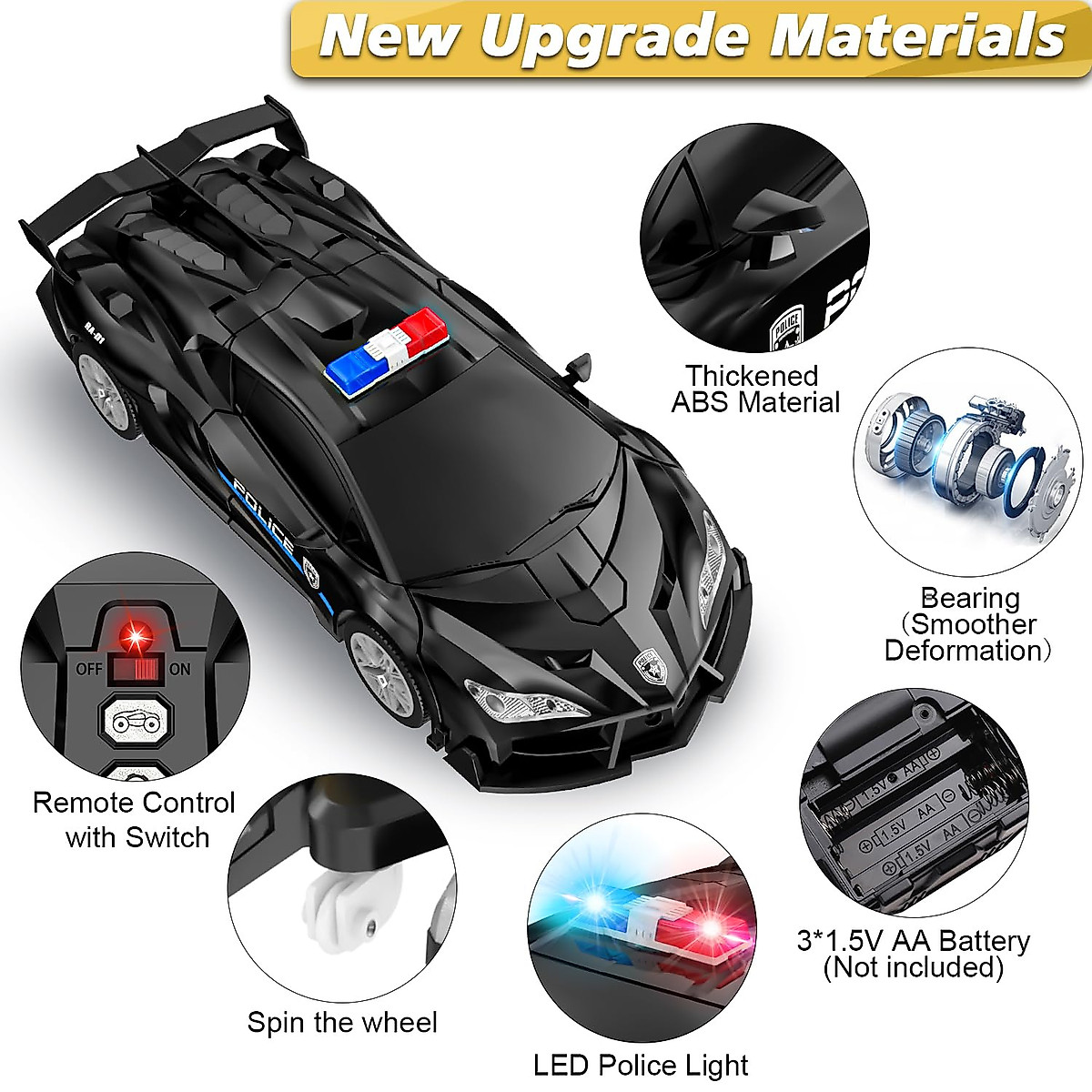 LNNKINE Remote Control Car, Transform Robot RC Cars, 2.4Ghz Transforming Police Car Toy with LED Light, One-Button Deformation and 360° Rotating Drifting, Toys for Boys Age 4-7 8-12