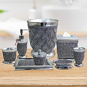 nu steel Beaded Heart Resin Bath Accessory Set for Vanity Countertop, 8 pcs Luxury Ensemble - Cotton Swab, soap Dish, Toothbrush Holder, Tumbler, soap Pump, Waste Basket, Tissue Box, Tray-Chrome