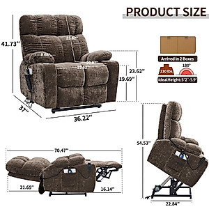 Plococo Lay Flat Sleeping Dual OKIN Motor Lift Recliner Chair with Vabriation Heat Massage for Elderly,Infinite Position Soft Fabric Power Electric Recliner Sofa Chair for Living Room, Brown, 9990