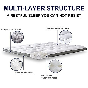 subrtex Feather Mattress Topper Queen, Bed Mattress Topper, Breathable Mattress Pad Overfilled with Soft White Goose Down (60"x80")